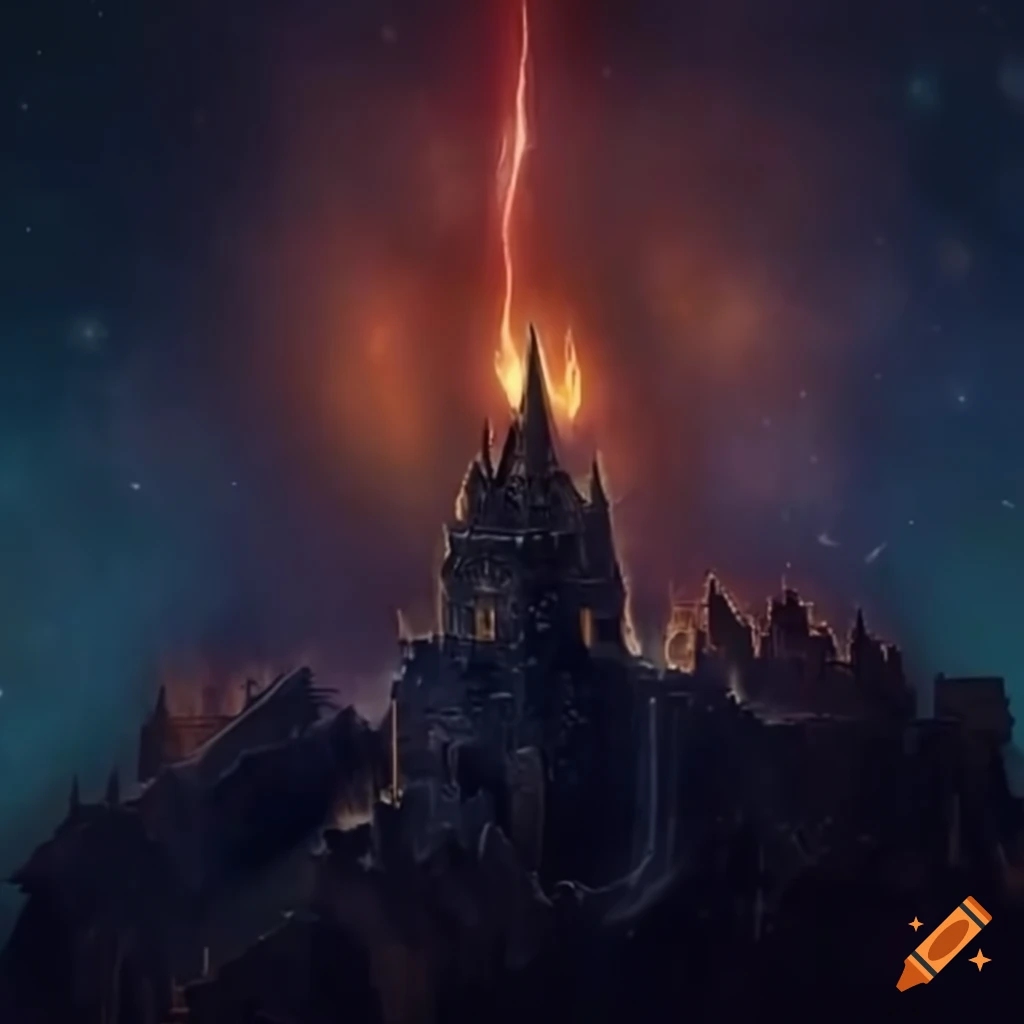 Meteor crashing into a town's grand tower in an epic fantasy scene on ...