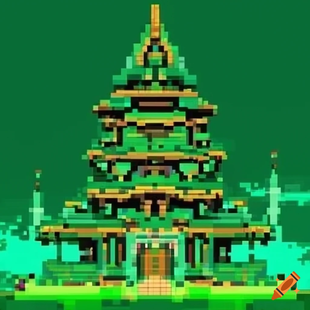 Pixel art of a green temple on Craiyon