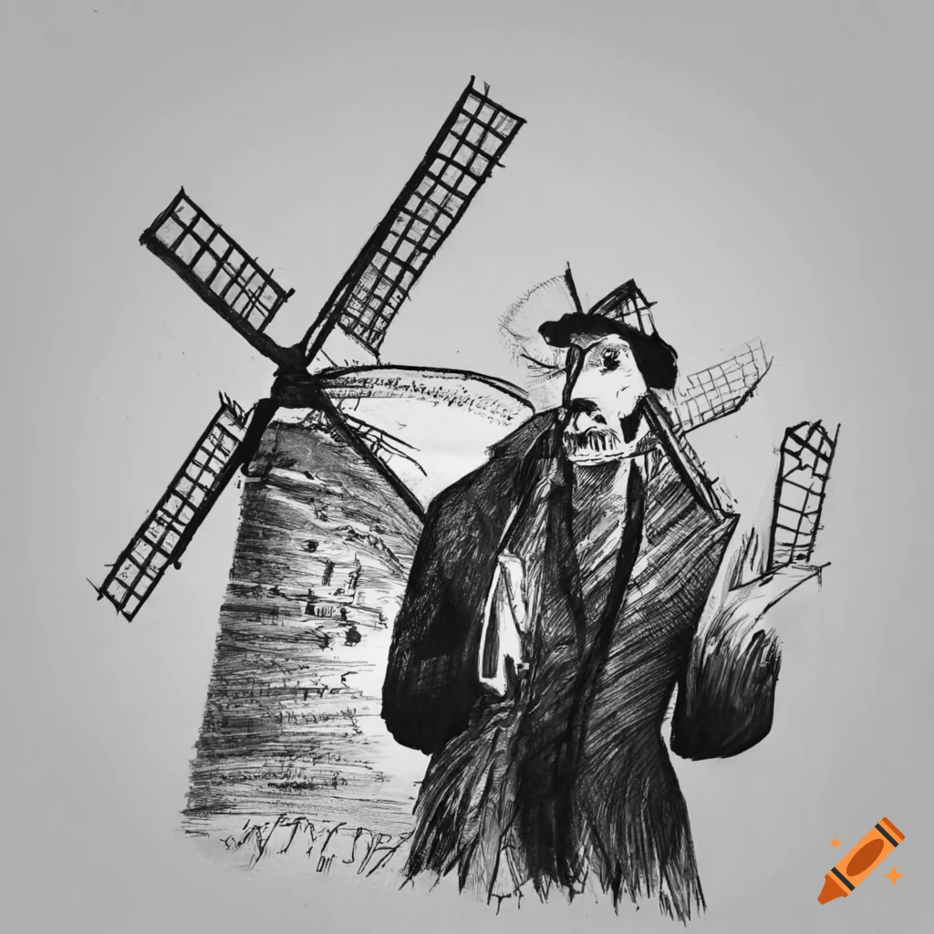 Illustration of a mysterious man in front of a windmill on Craiyon