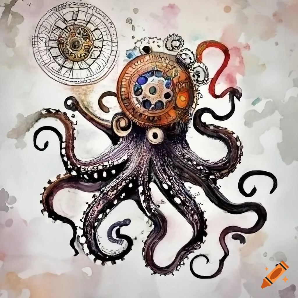 Steampunk octopus in black and white coloring on Craiyon