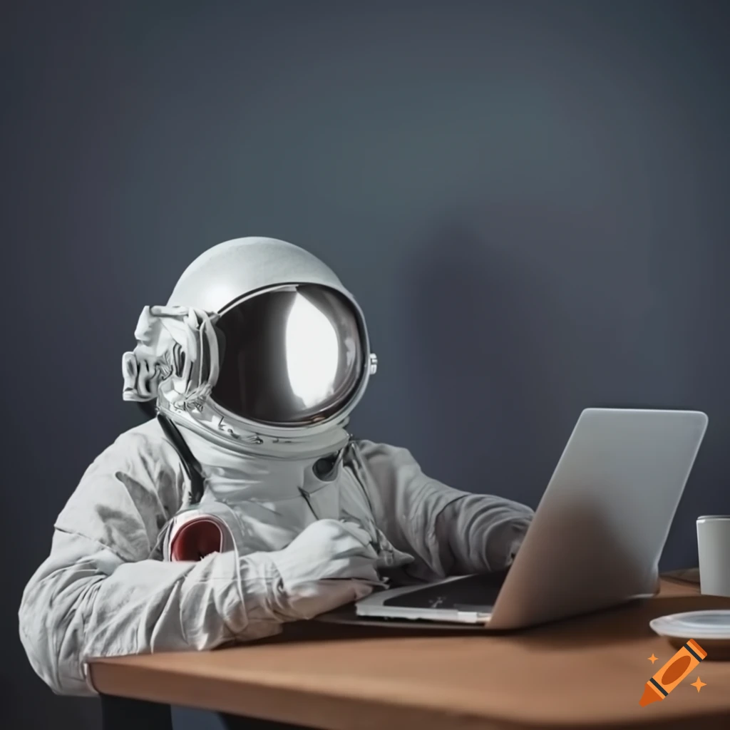 Astronaut using laptop in office with closed helmet on Craiyon