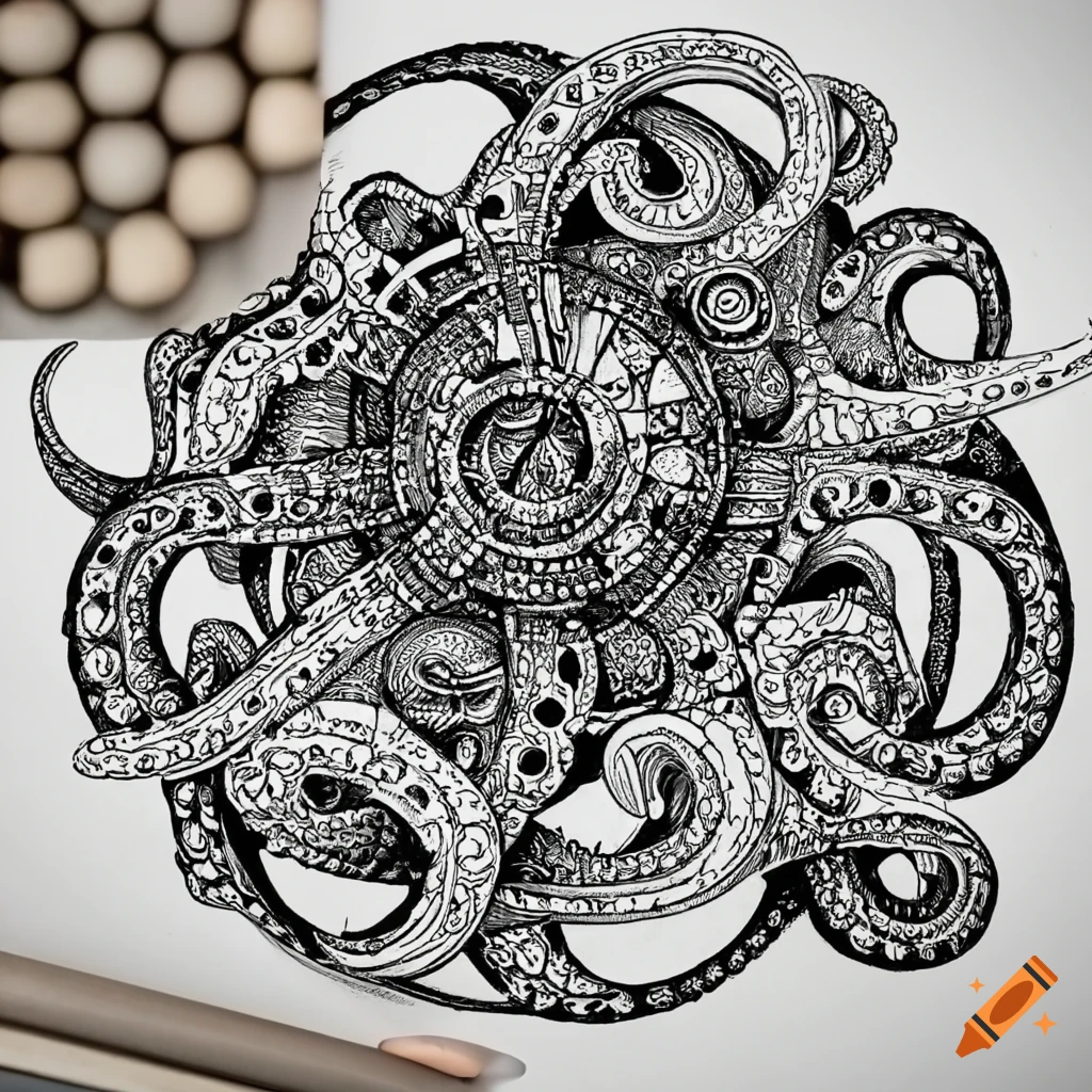 Steampunk octopus in black and white coloring on Craiyon
