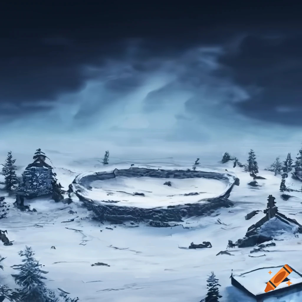 Wintery Hunger Games arena with snow and ice structures, bird's eye ...