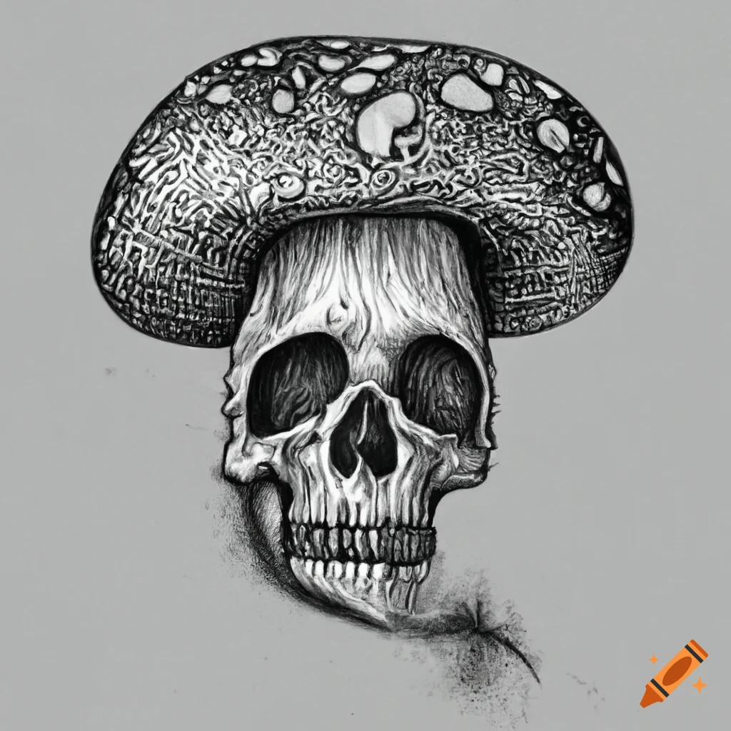 Skull-shaped mushroom charcoal drawing in gothic style on Craiyon
