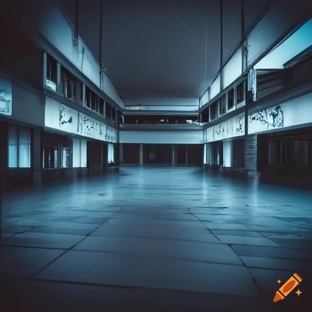 Dark and nostalgic empty blue shopping mall on Craiyon