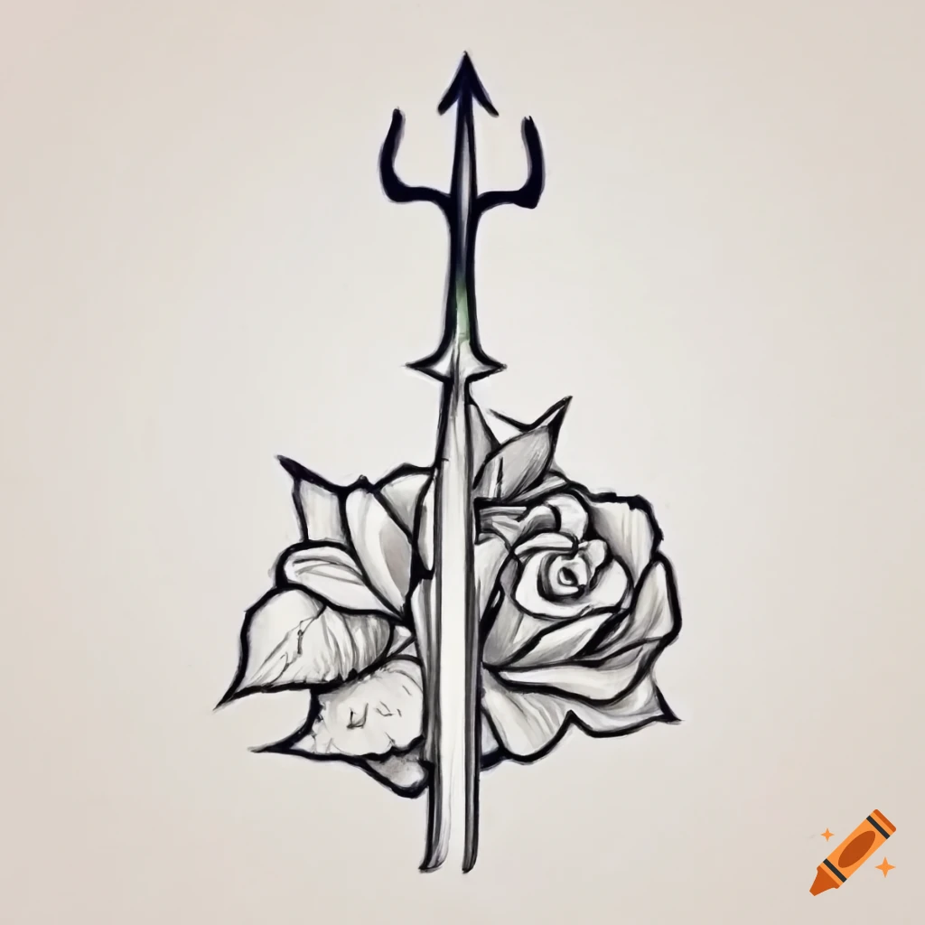 Linear drawing of a trident and a rose on Craiyon