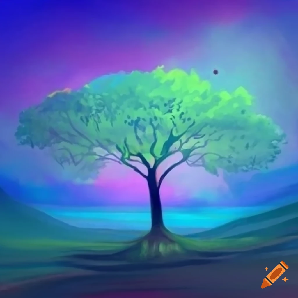 Ethereal tree with a vibrant mint leaf on a picturesque hillside under ...