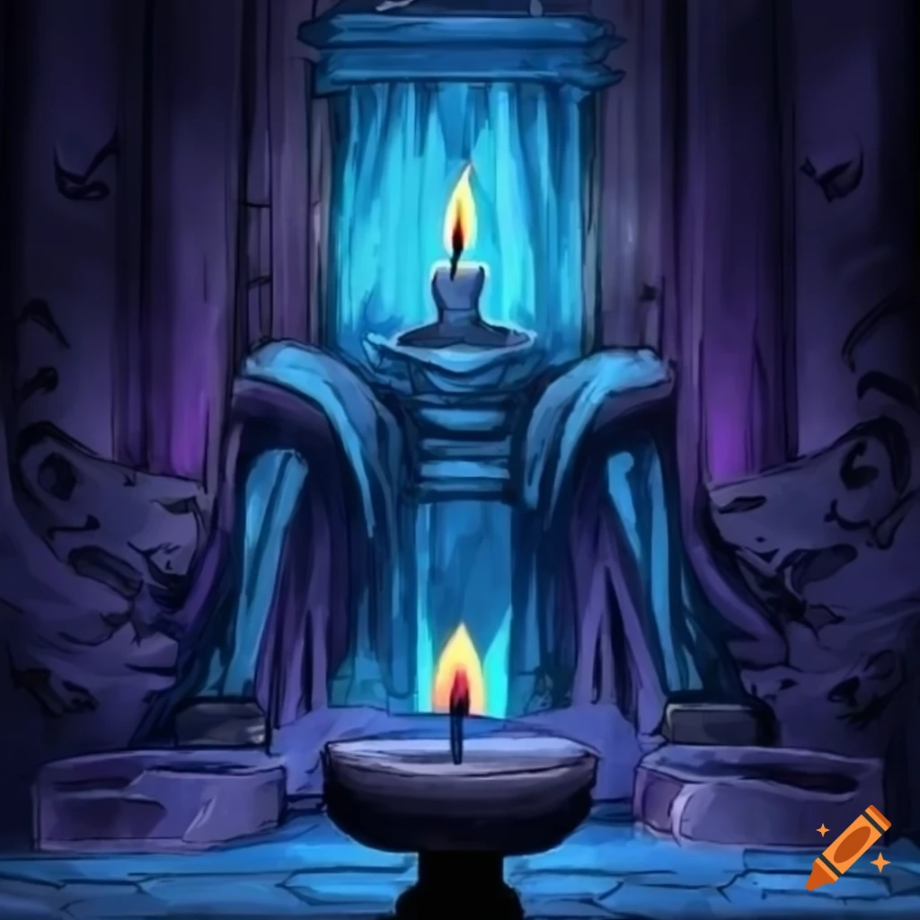 Dark blue altar with two bright candles in Yu-Gi-Oh art style on Craiyon