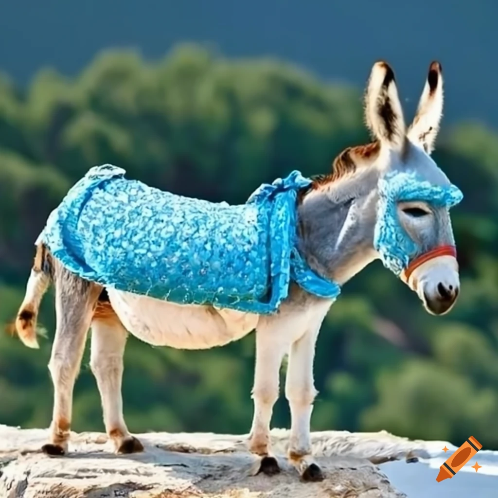Donkey dressed in blue and white for a traditional greek island in ...