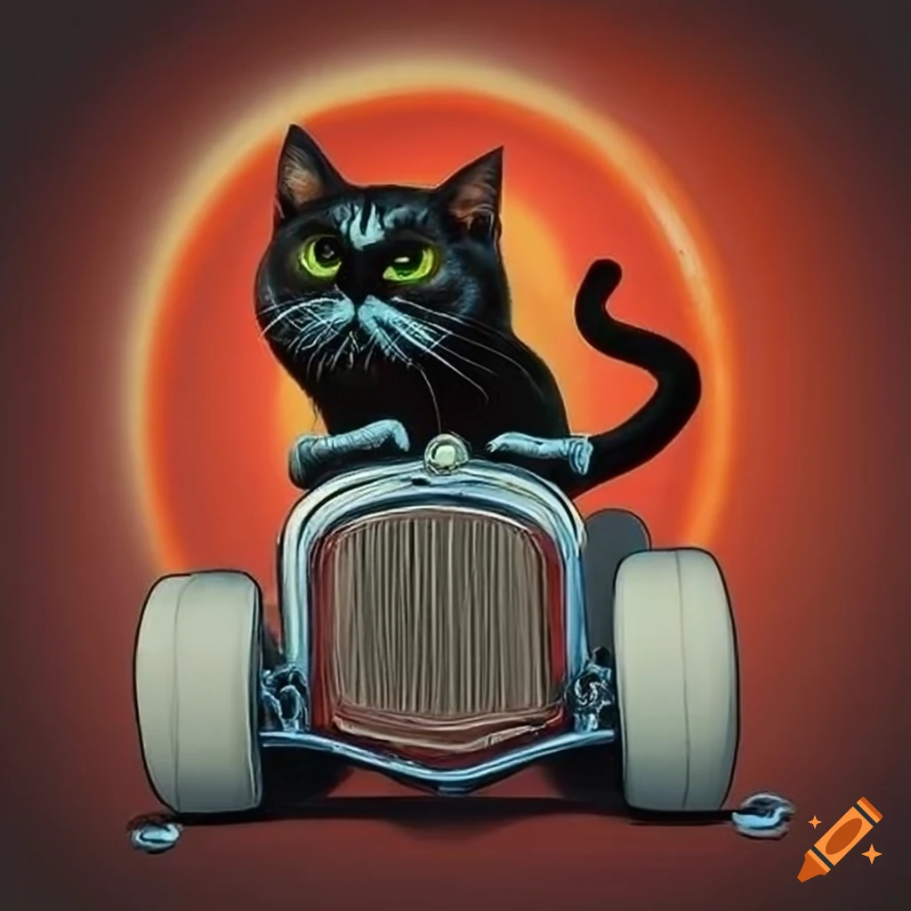 Black cat driving a hot rod in ed roth style on Craiyon