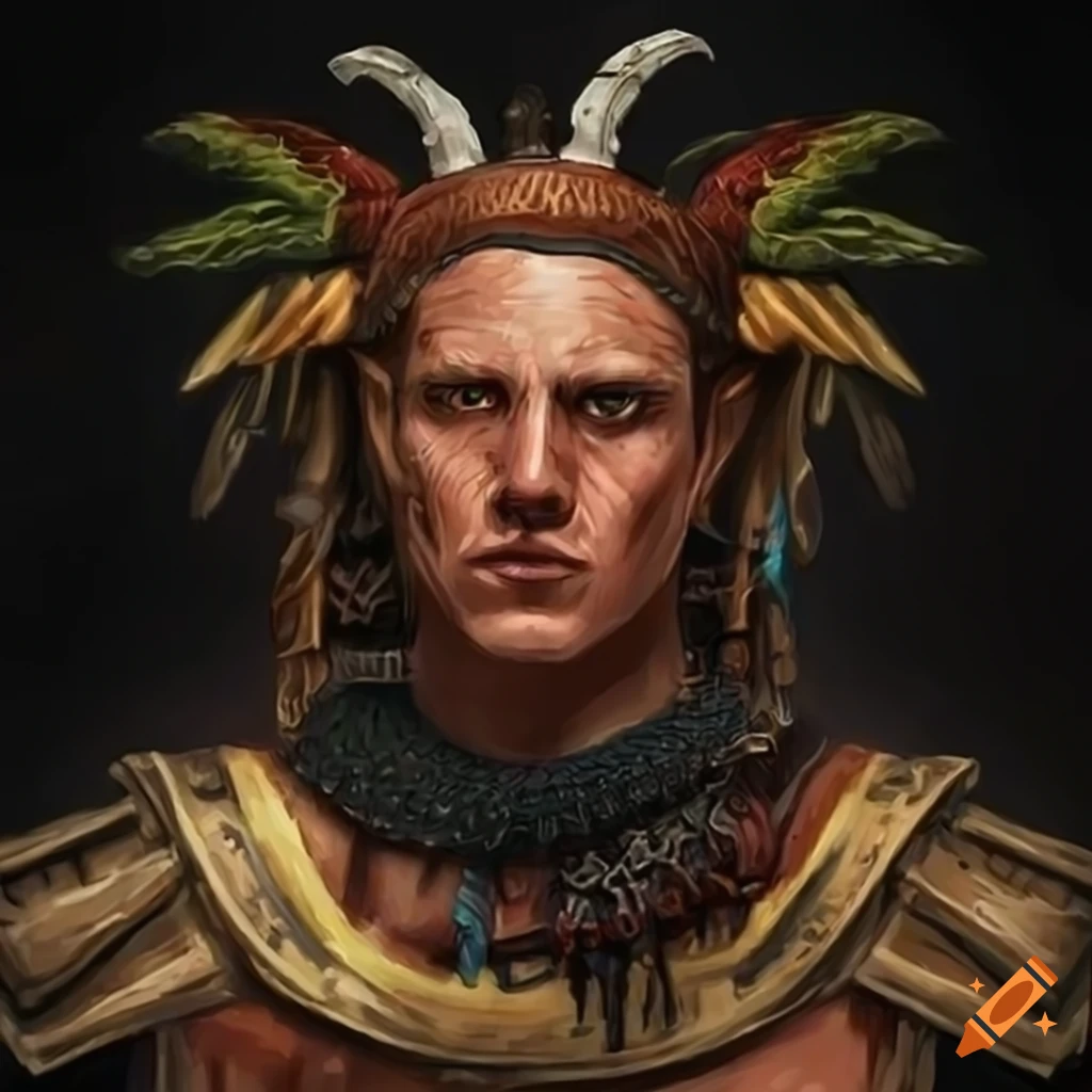 Realistic portrait of a grizzled half-elf male in Aztec inspired armor ...