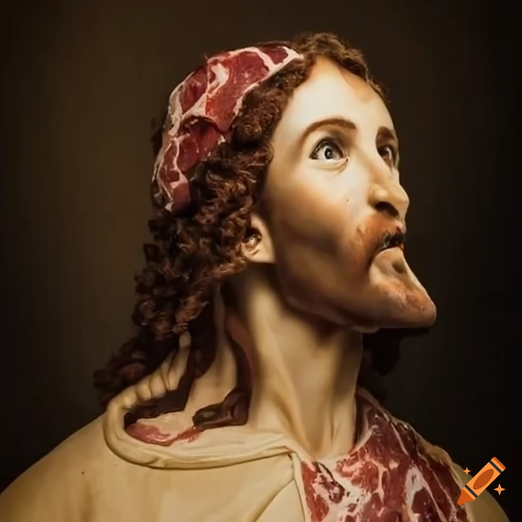 Grinning jesus with unusual teeth, wearing a meat suit on Craiyon