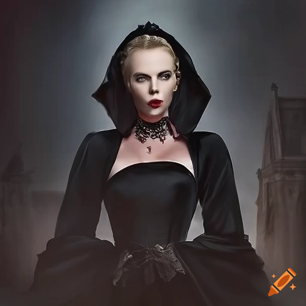 Portrait of vampire countess Charlize Theron in black Victorian attire ...