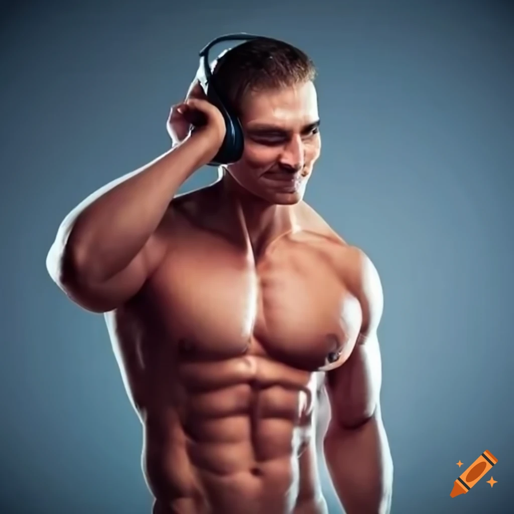 Muscular man wearing a headset on Craiyon