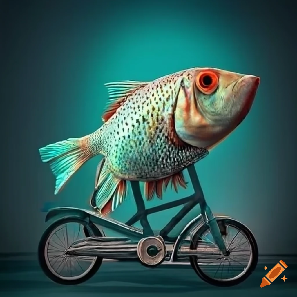 Imaginative and detailed picture of a fish riding a bicycle on Craiyon