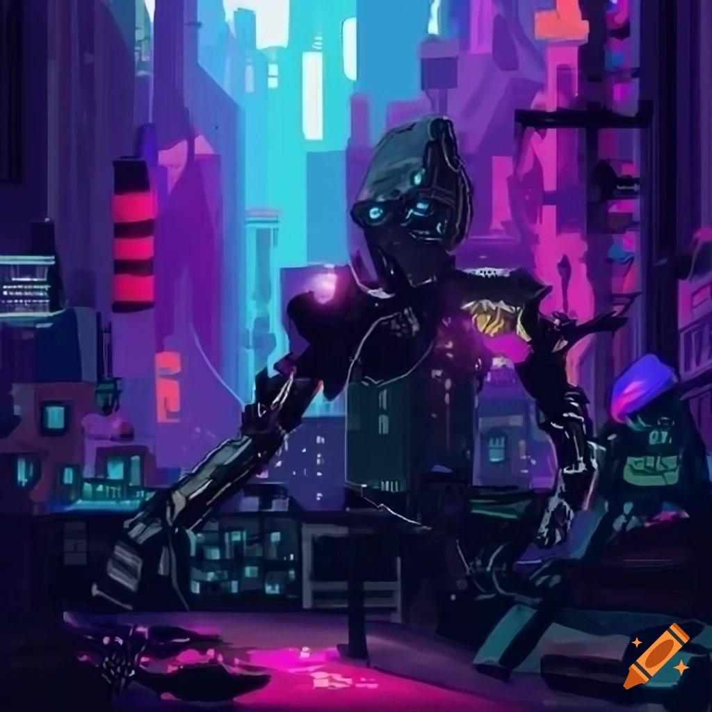 Cityscape blending biopunk and cyberpunk elements with cyborg animals ...