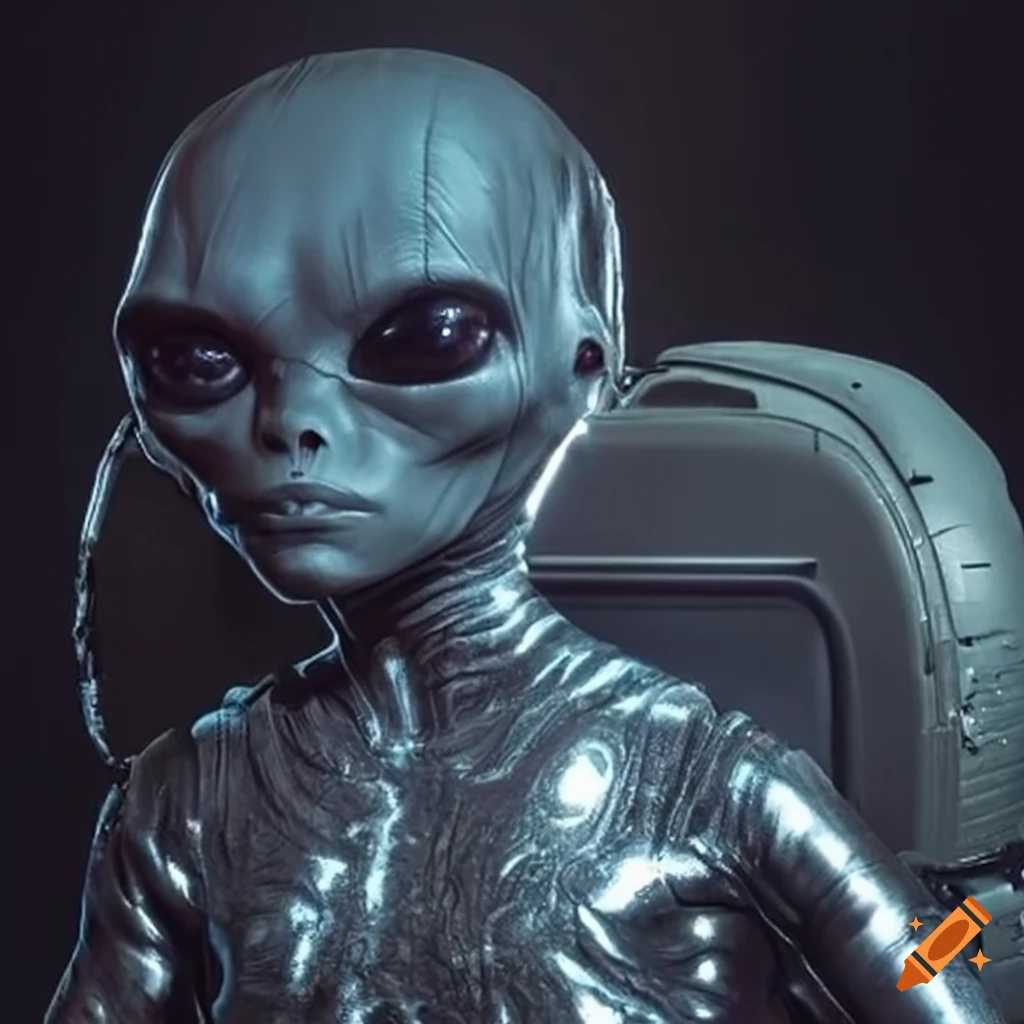 Short gray alien in shiny spacesuit from a 90's movie on Craiyon