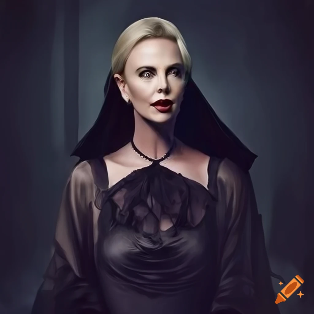 Portrait of vampire countess Charlize Theron in black Victorian attire ...