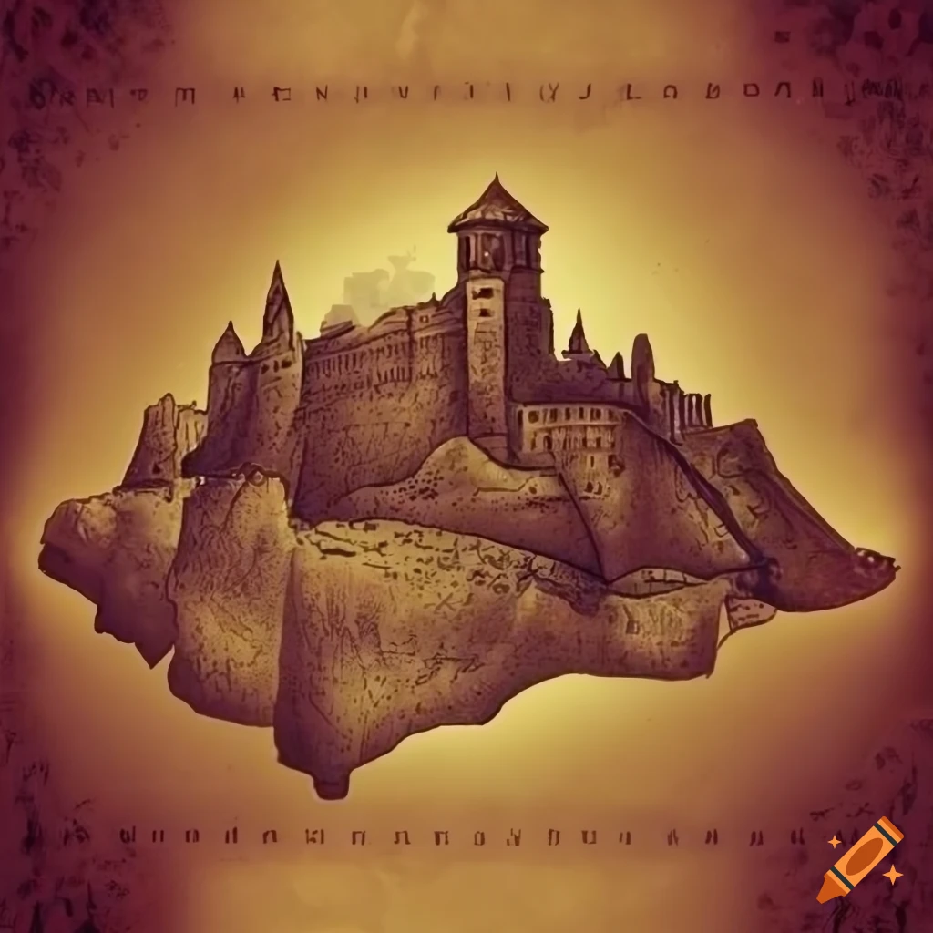 Small token city on a rocky plateau in a medieval sepia landscape on ...
