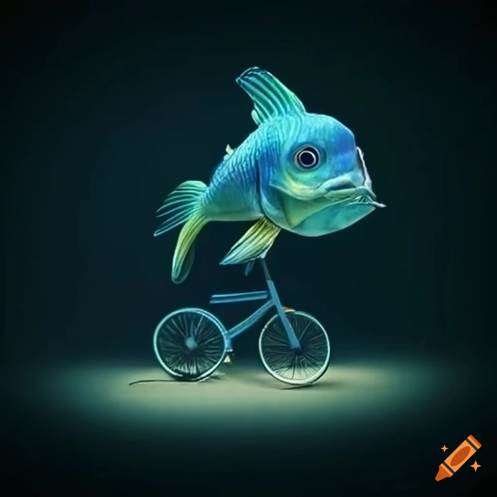 Imaginative and detailed picture of a fish riding a bicycle on Craiyon