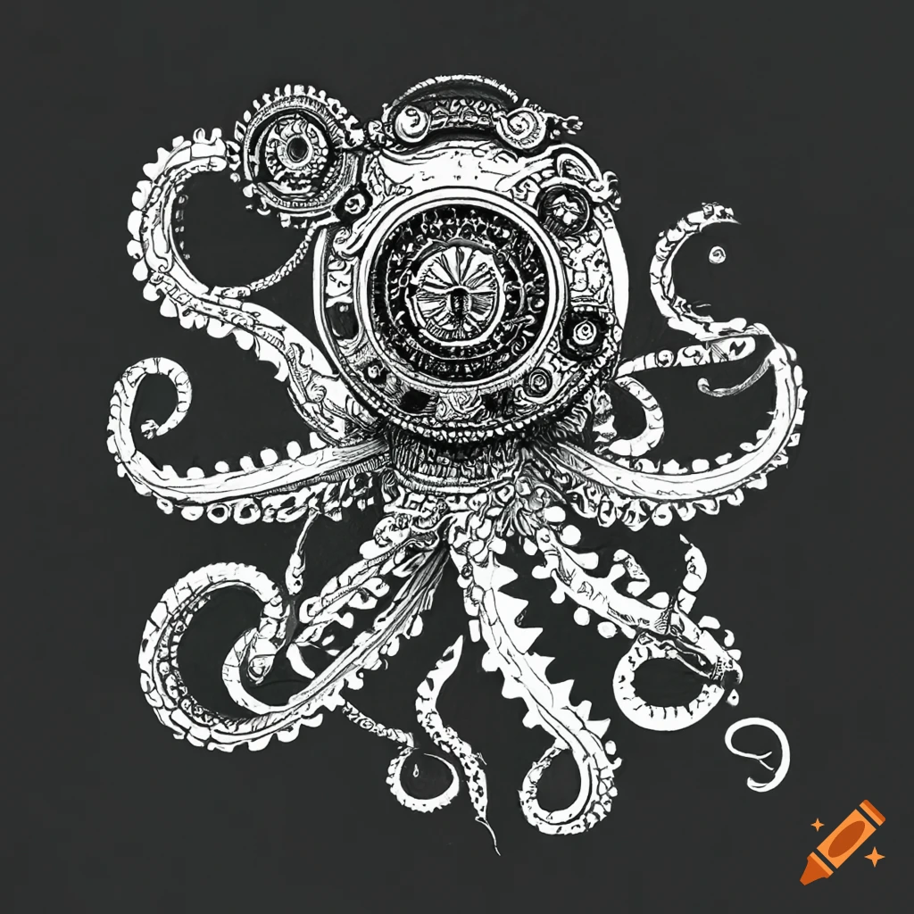 Steampunk octopus in black and white coloring on Craiyon