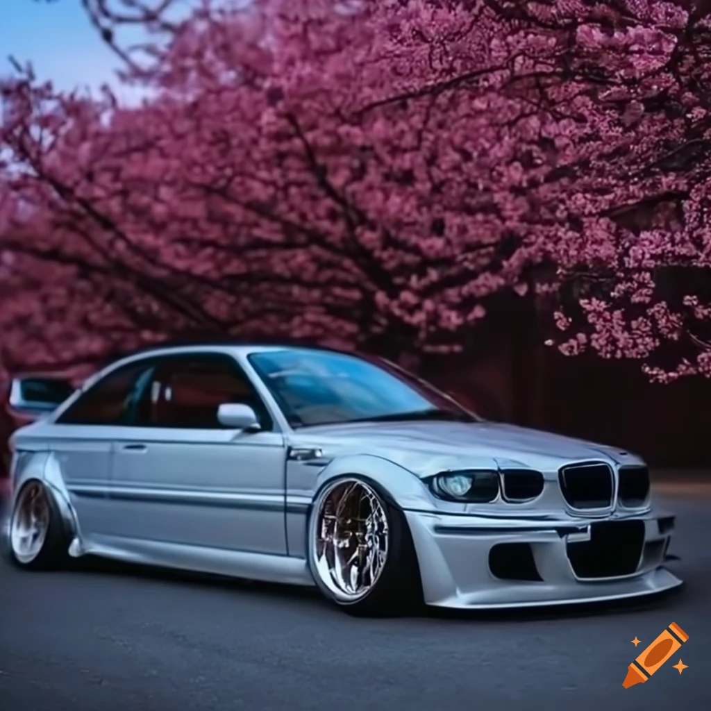 Modified E46 BMW with wide body and LED headlights next to cherry ...
