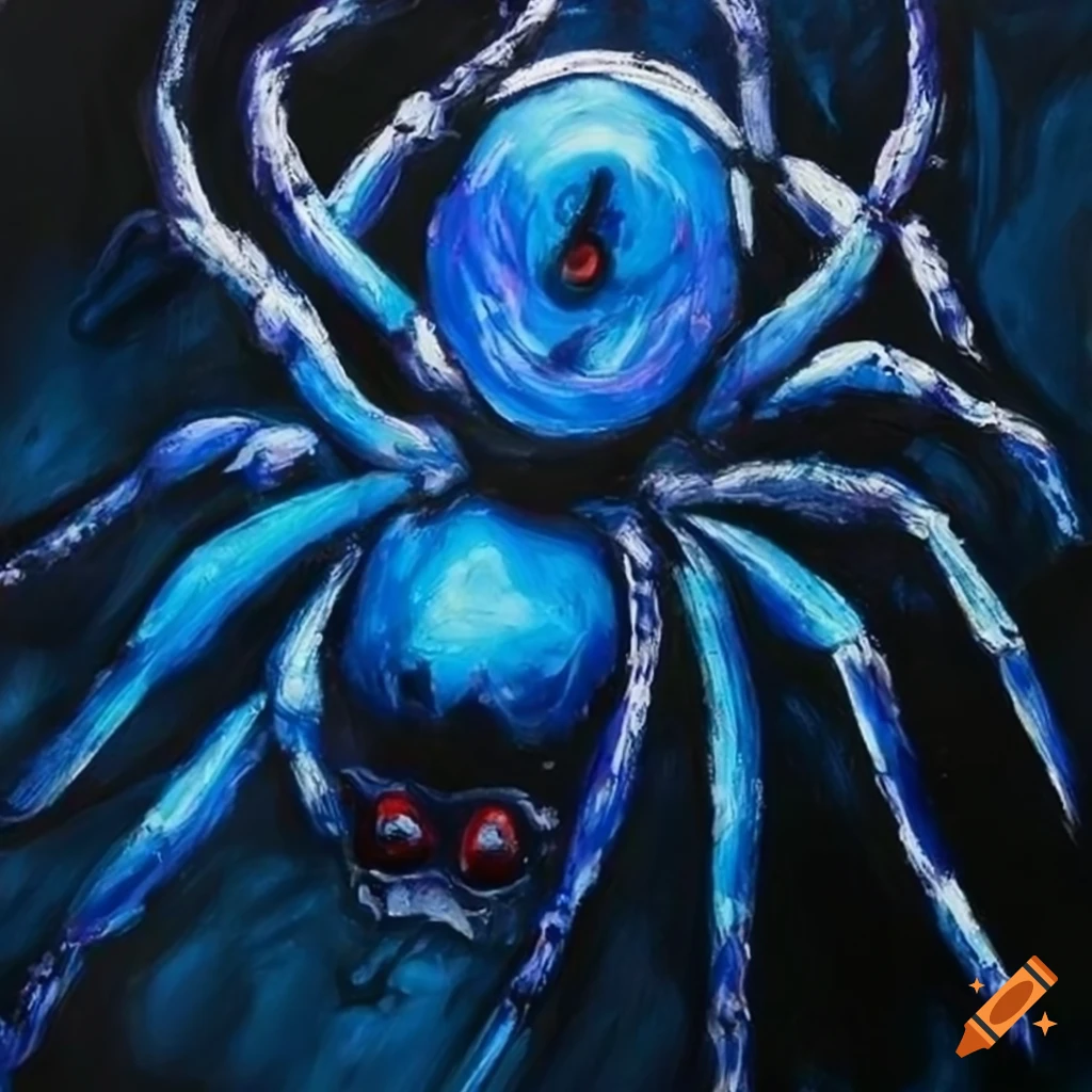 Blue spider with red eyes in an acrylic painting on Craiyon