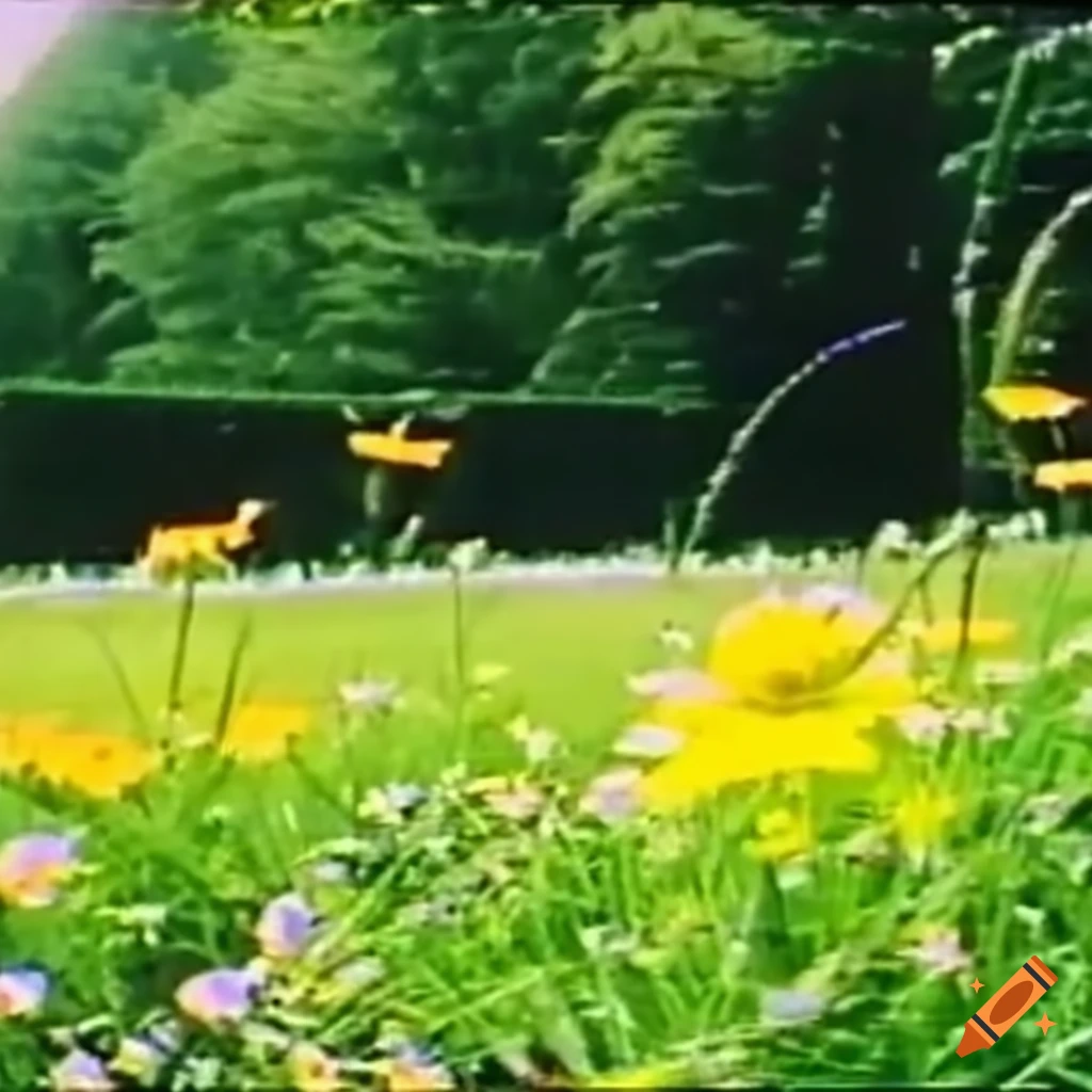 Grass with flowers in a vintage vhs style on Craiyon