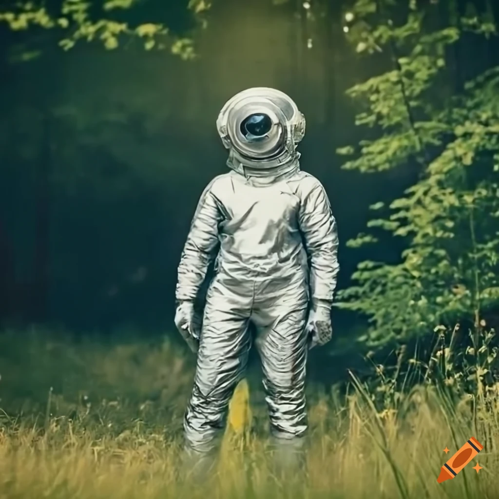 Gray alien in shiny space suit in a sunny meadow (vintage) on Craiyon