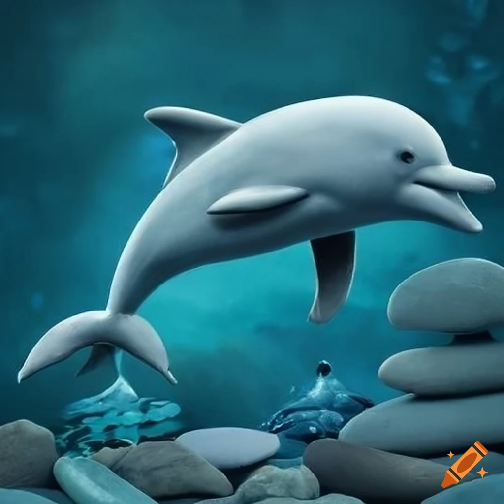 River dolphin on pebbles and slate on Craiyon