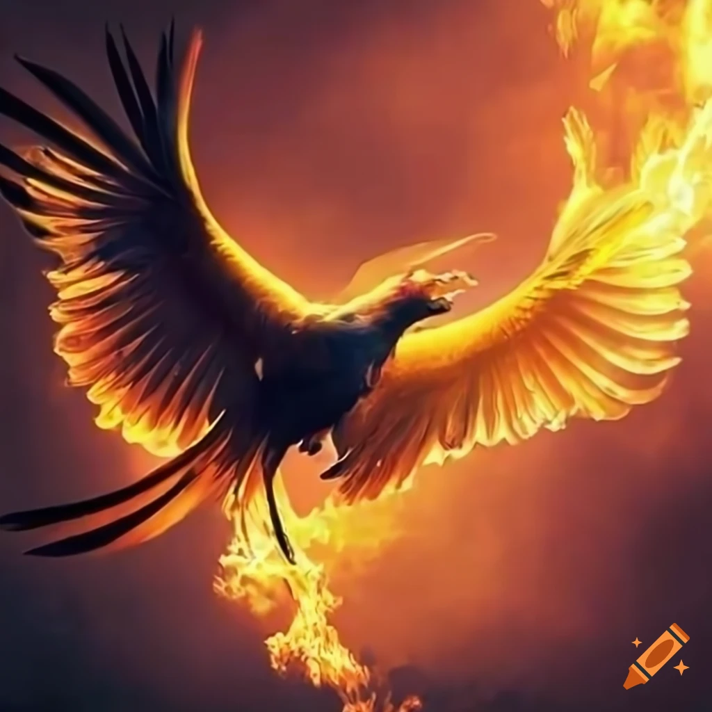 Real photo of a phoenix in flames flying on Craiyon