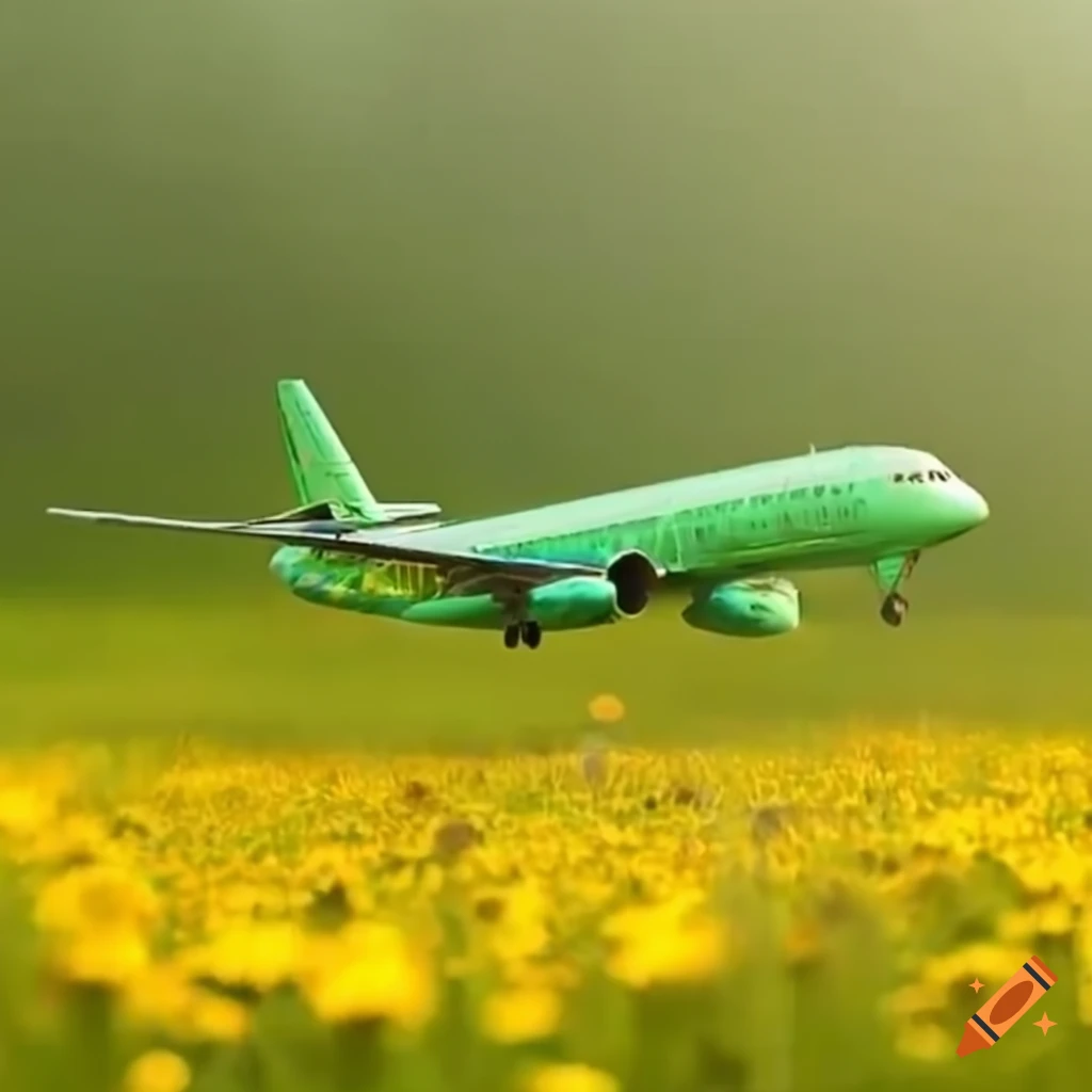 Green passenger plane flying over a field of dandelions on Craiyon