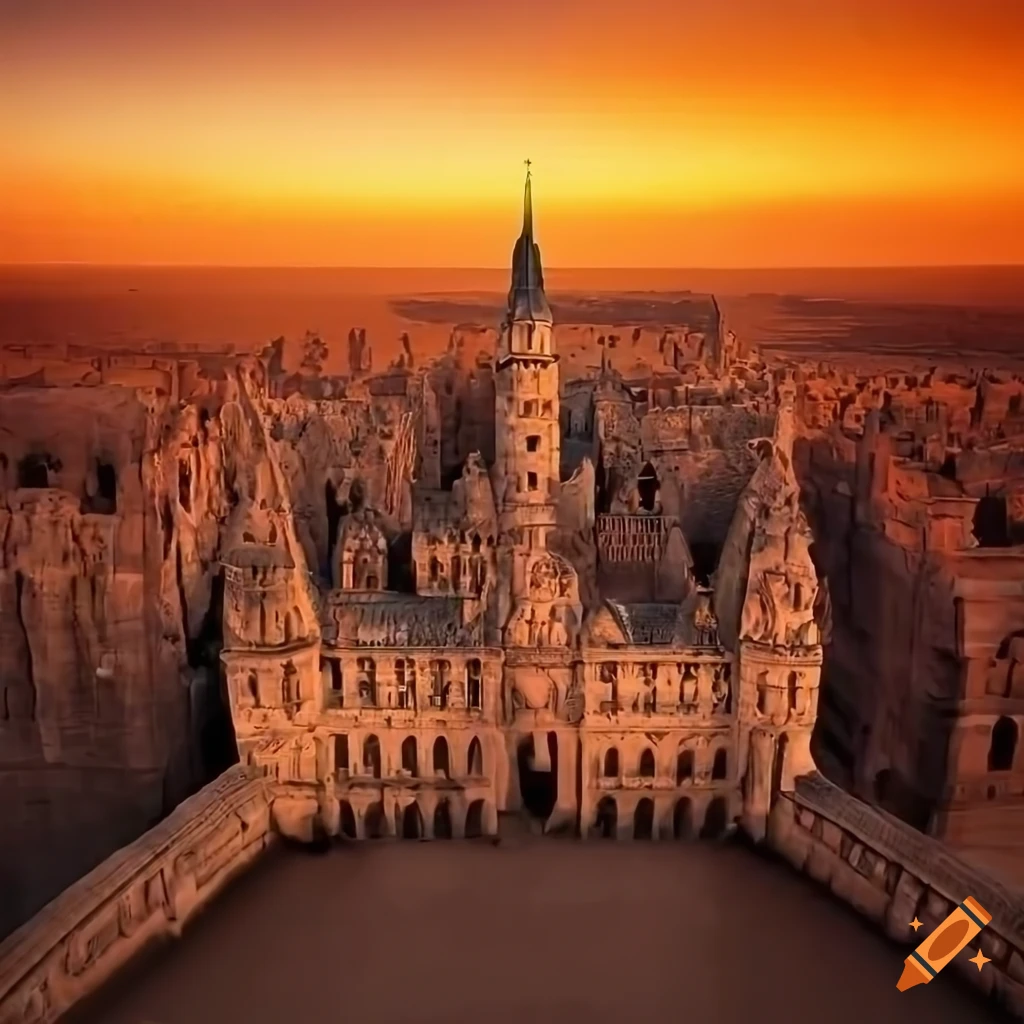 Medieval sandstone city in a desert at sunset viewed from above on Craiyon