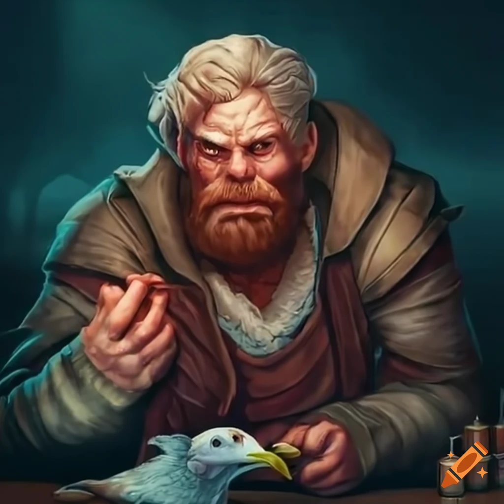 Strong homeless man with pet seagull in a dungeons and dragons setting ...