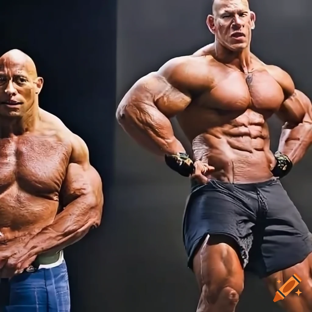 Muscular fusion of john cena and dwayne johnson flexing excessively on Craiyon