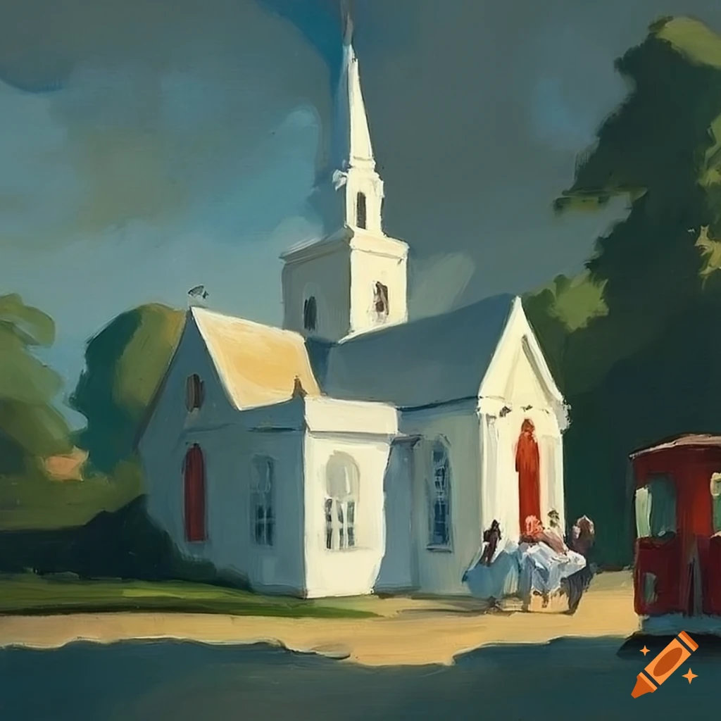 Edward Hopper-inspired artwork of a white church and lady in elegant ...