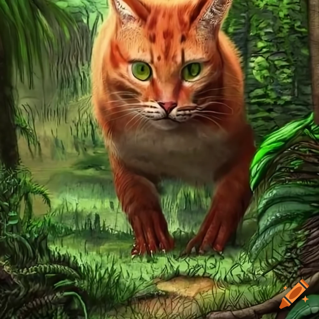 Red feline exploring lush island with ancient dinosaurs on Craiyon