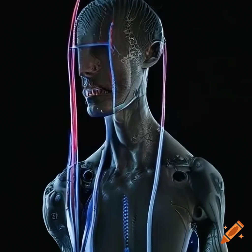 Highly detailed image of a skinny male cyborg connected by fiber optic ...