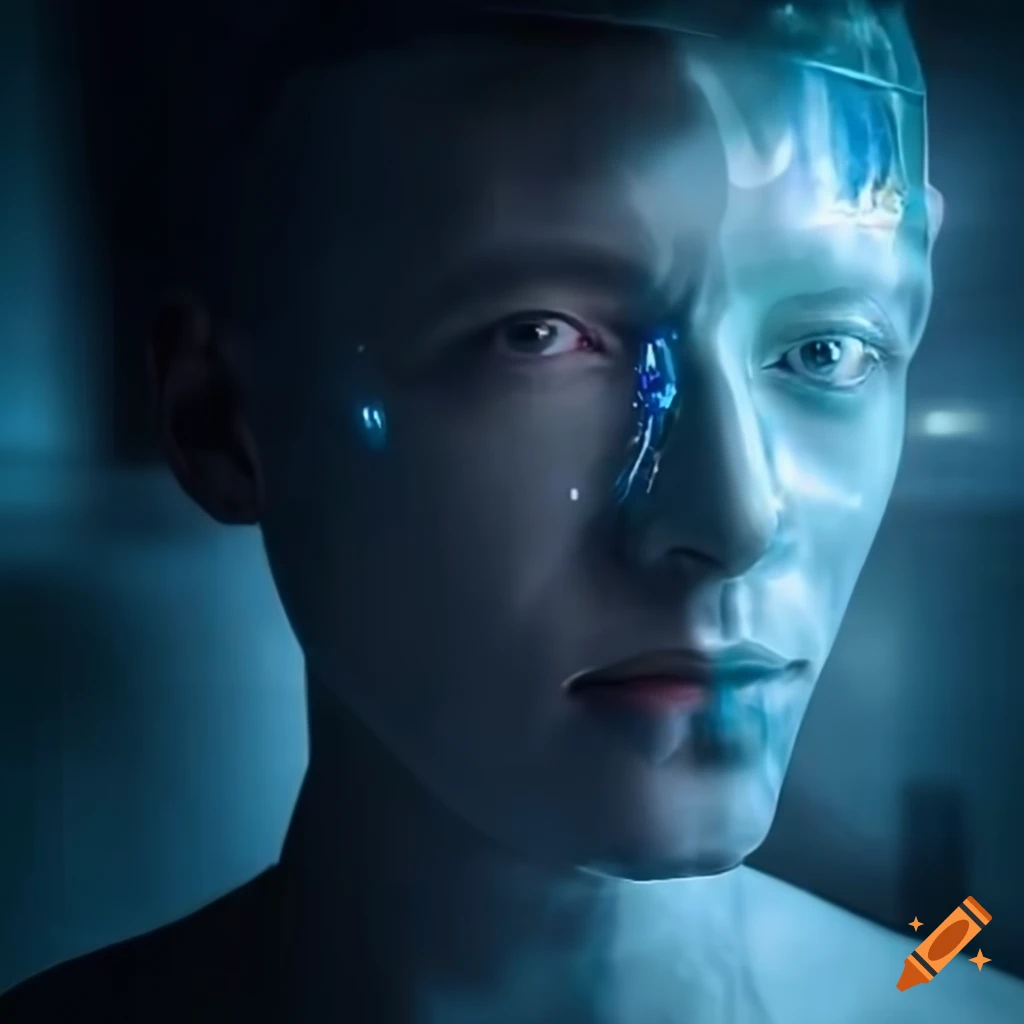 Photo-realistic white transparent holographic male cyborg in a ...