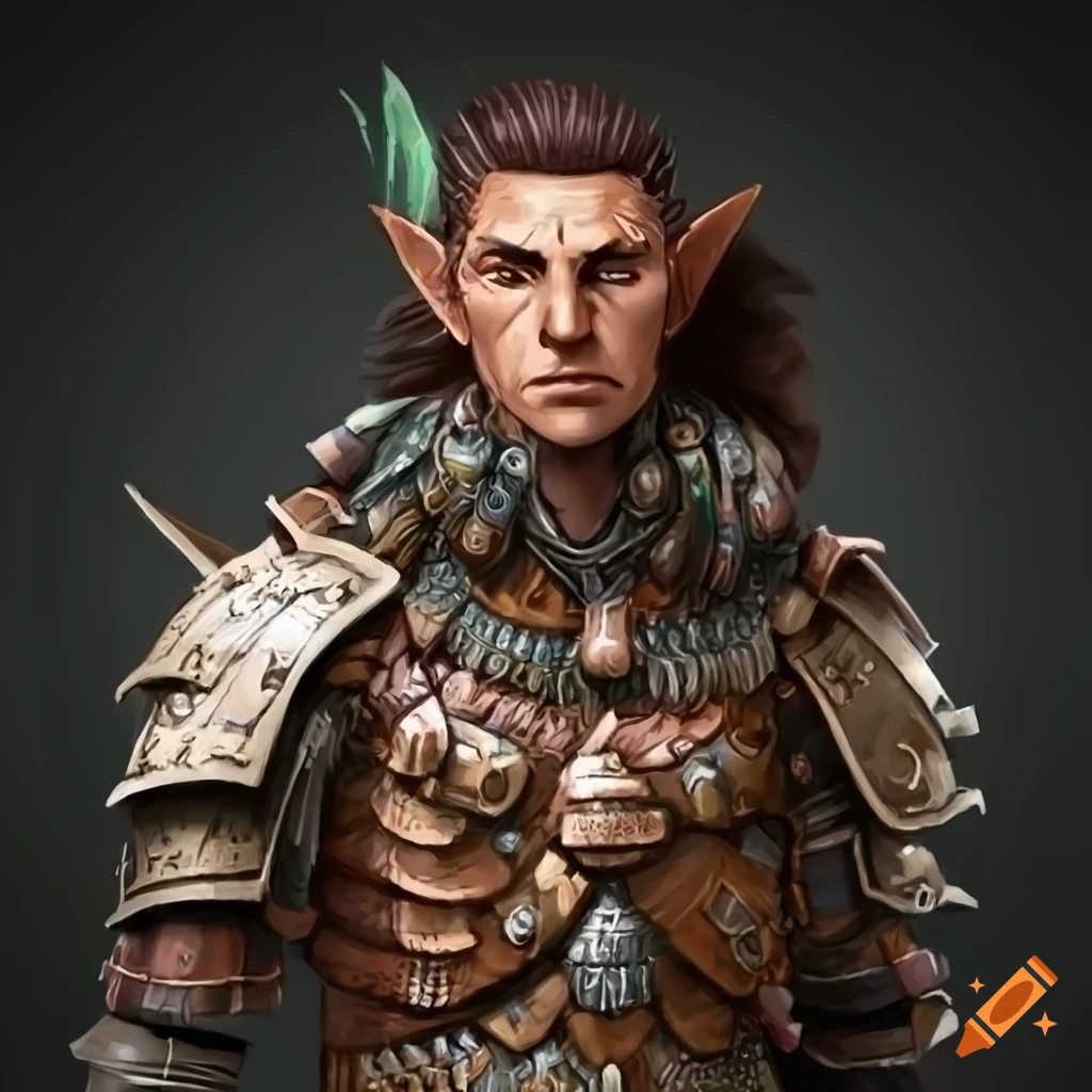 Grizzled half-elf male in Aztec armor wielding a warhammer on Craiyon