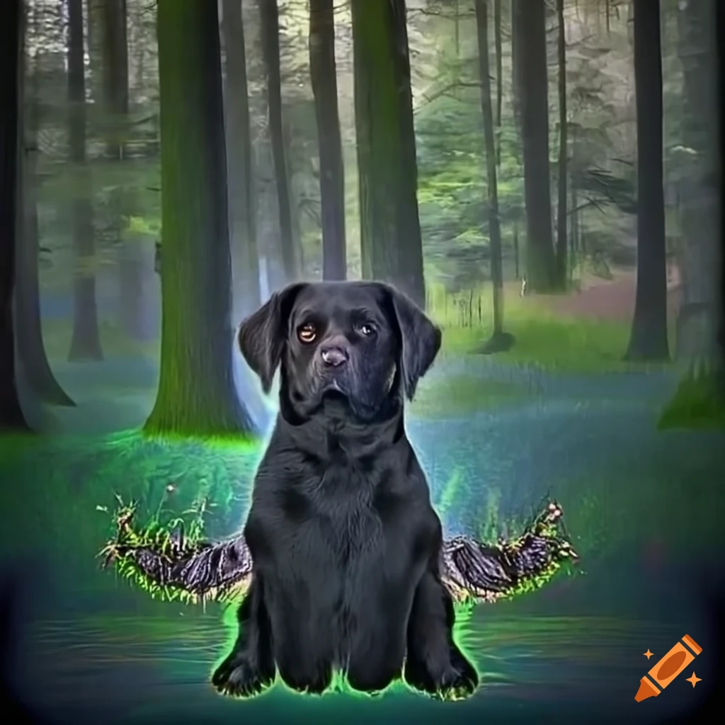 Majestic black Labrador in an enchanted forest under the moonlight on ...