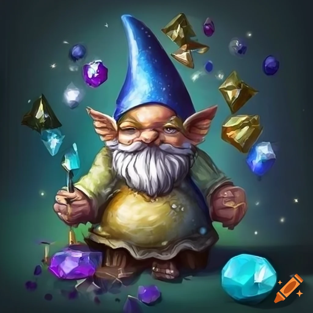 Fantasy gnome surrounded by magical gems on Craiyon