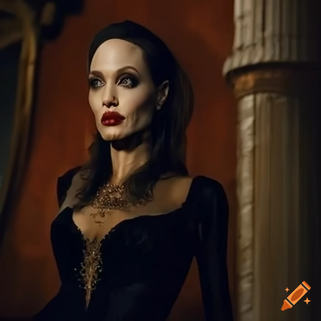 Regal vampire queen in satin embracing a gothic castle chamber under ...