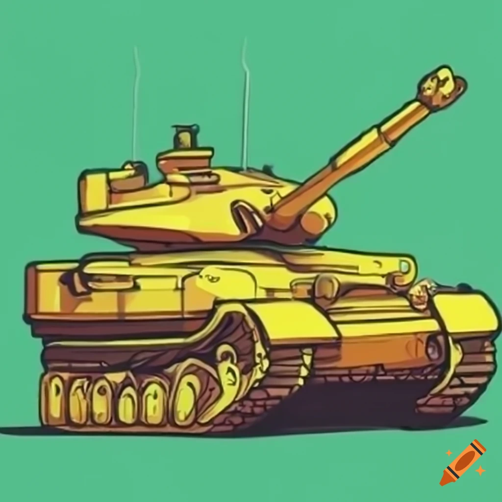 Drawing of a yellow tank on a green background zoom on Craiyon