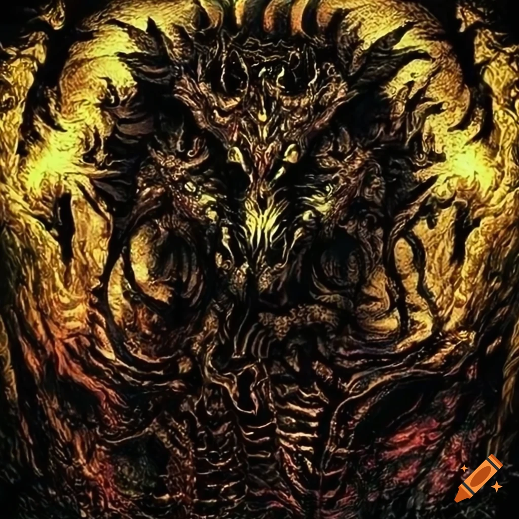 Seraphim dragon wendigo face in metal black and gold tones on Craiyon