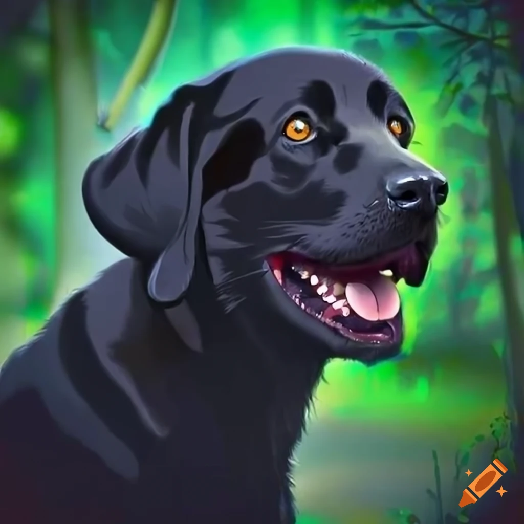 Captivating black Labrador Retriever in a lush forest setting on Craiyon
