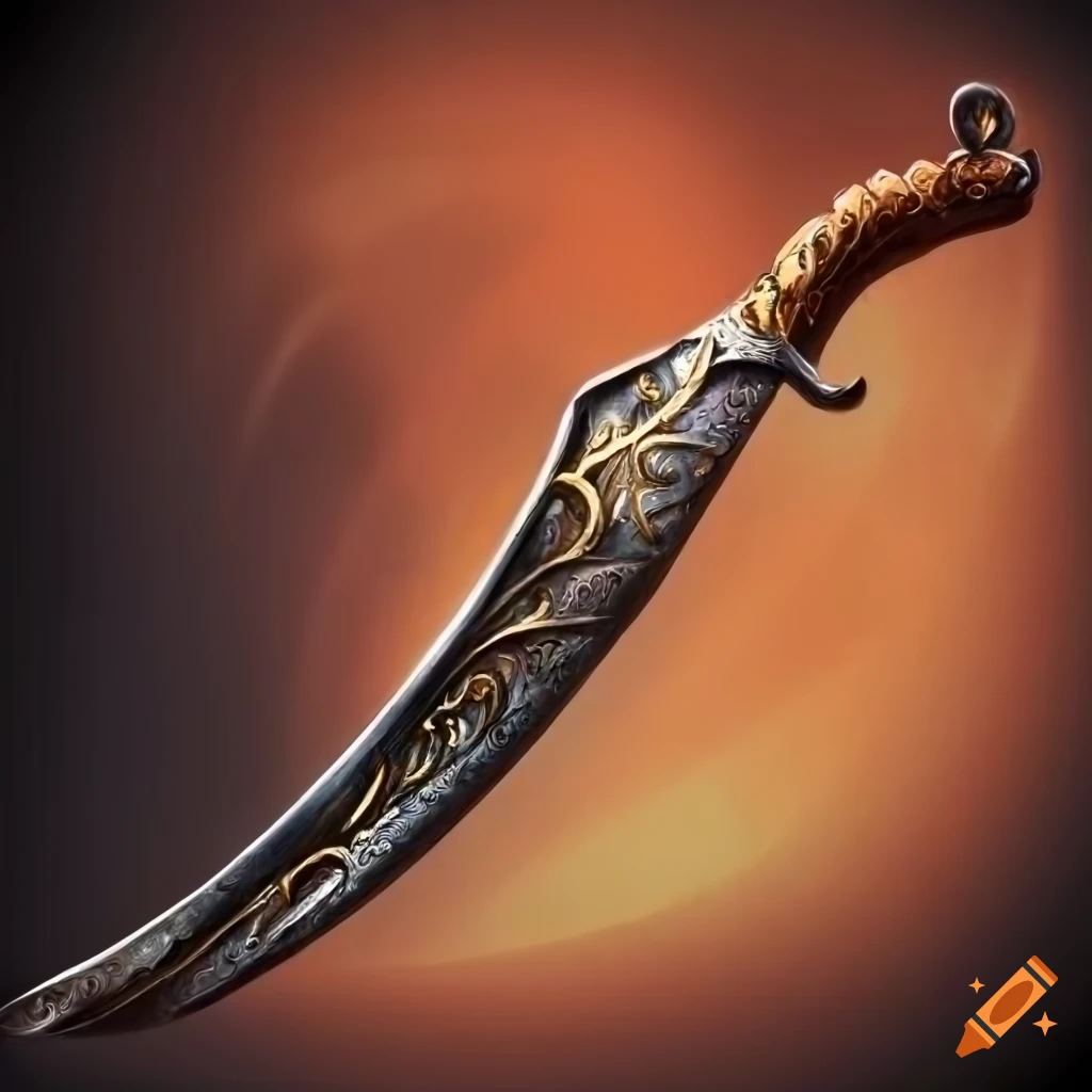 Enchanted elven curved scimitar cutlass with ornate runes in orange ...