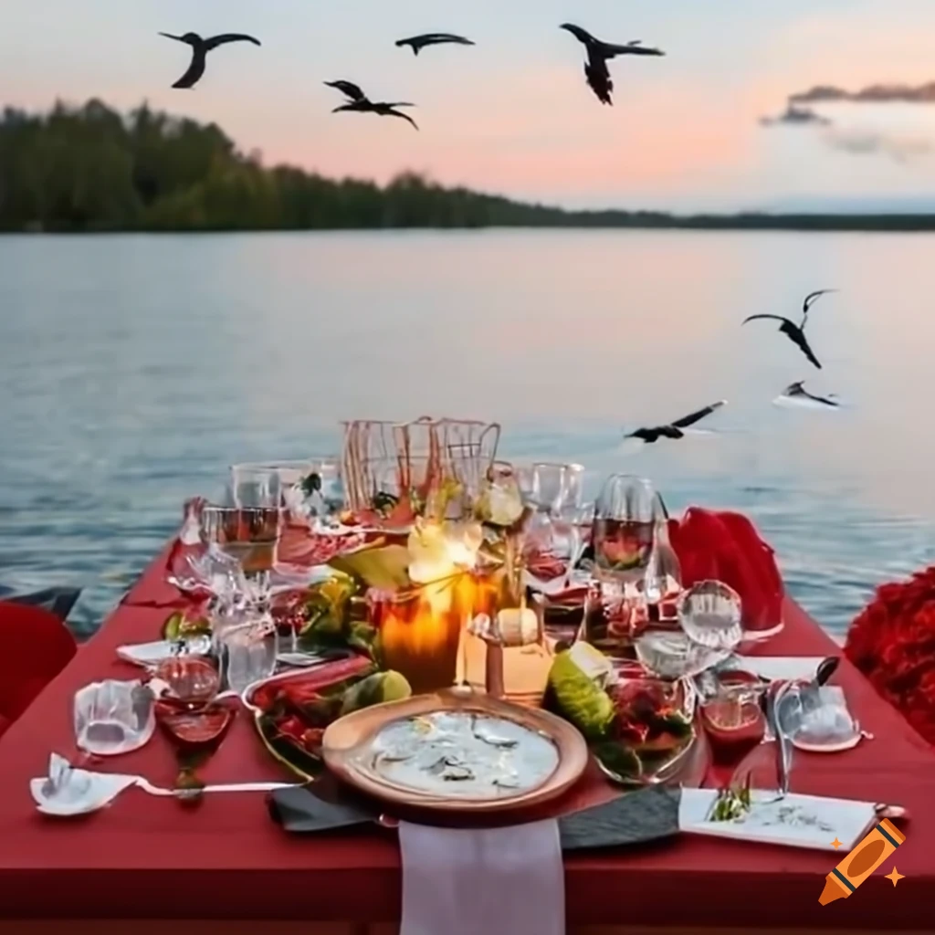 Festive dinner table next to a lake with birds flying in the sky on Craiyon