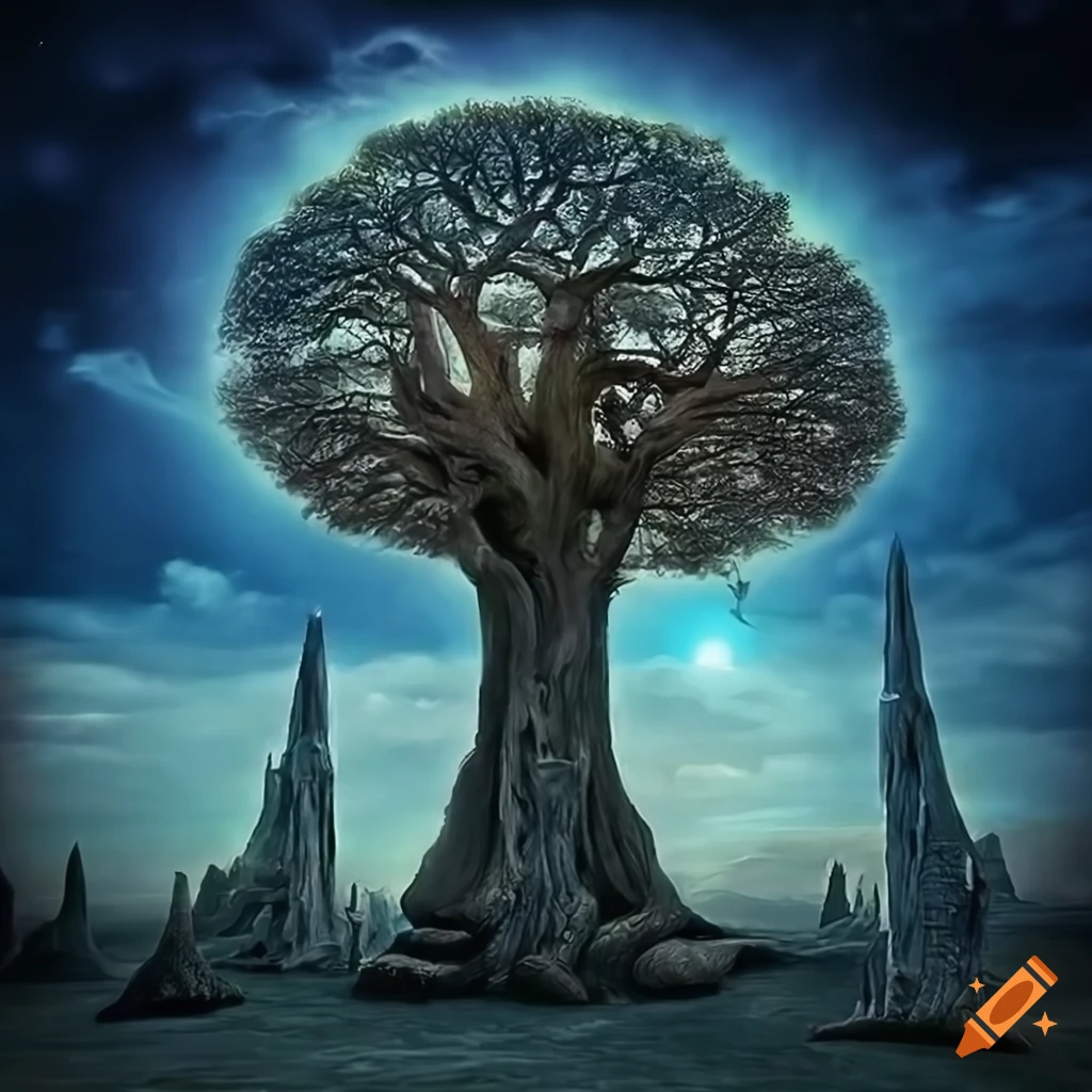 Scary huge stone tree-like structures in moonlight with colorful ...