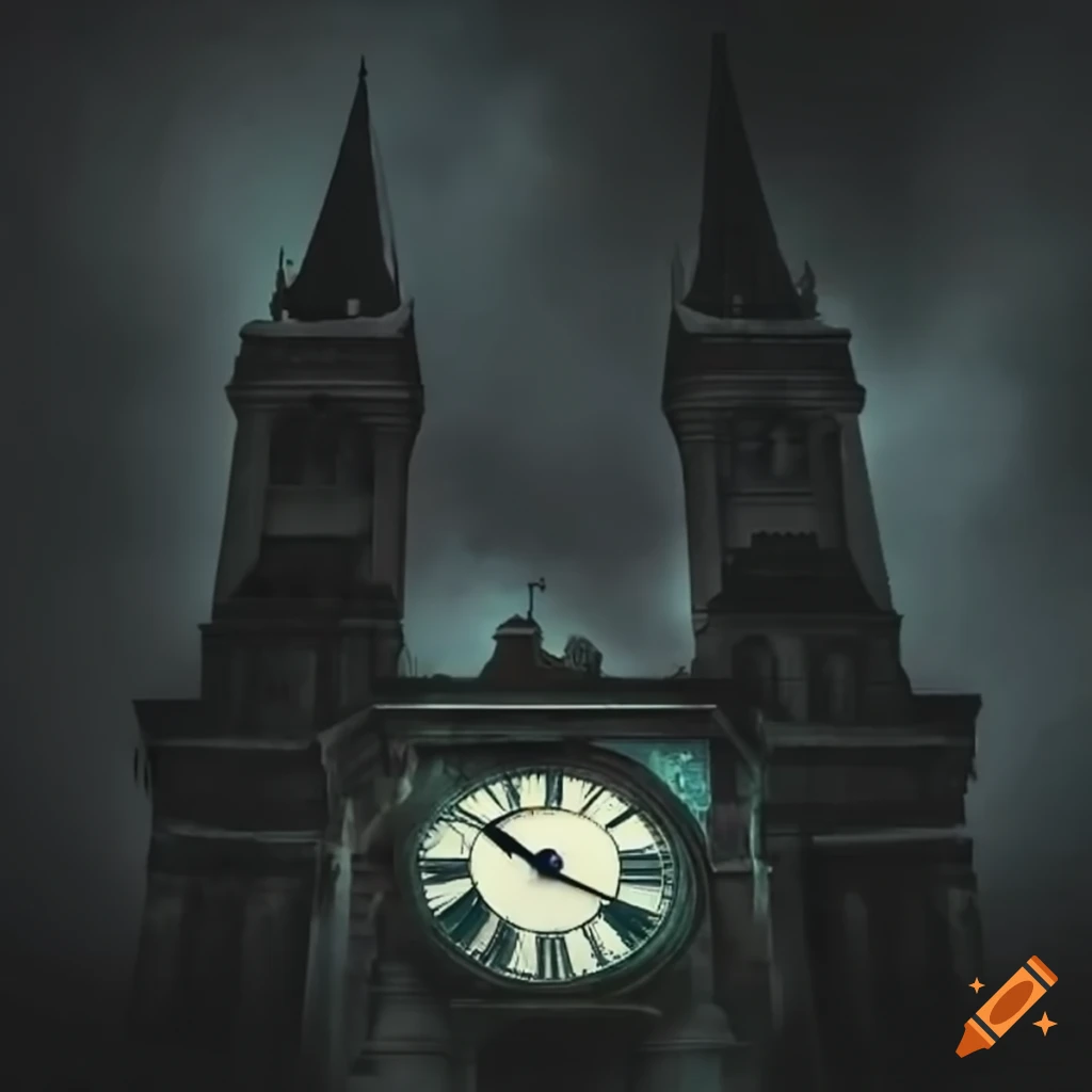Clock tower counting down in a dark apocalyptic ambience on Craiyon